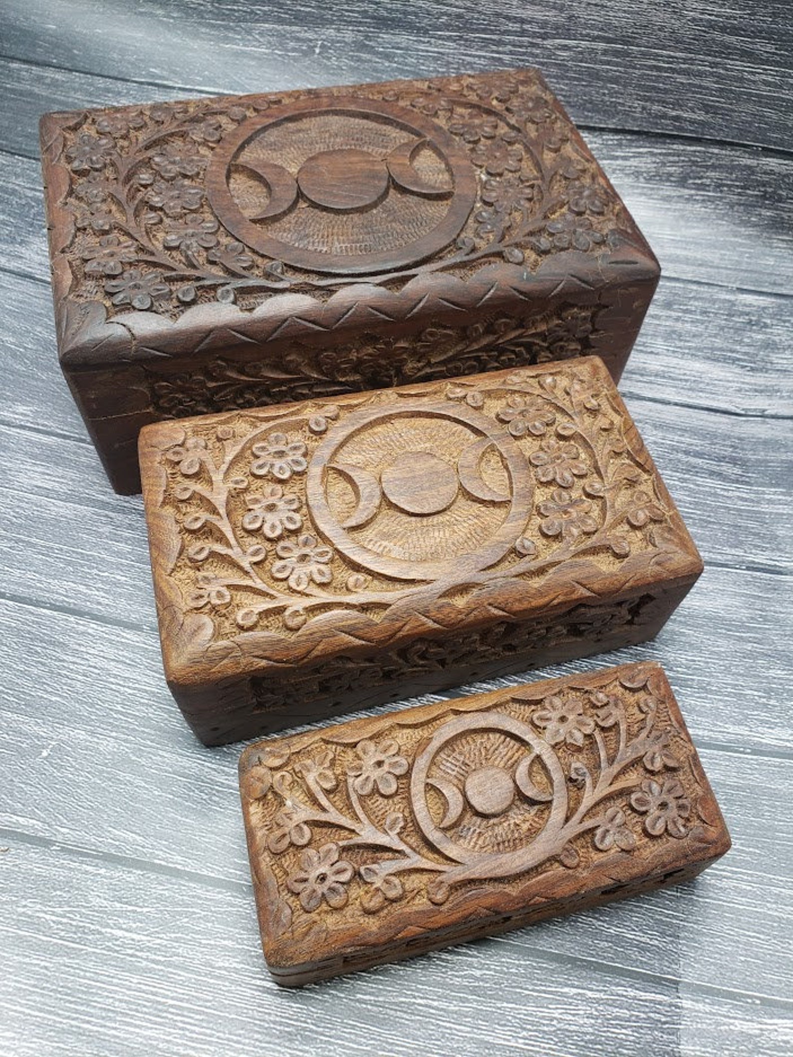 Triple Moon Wood Celtic Box Set, Irish Wooden Box, Welsh Keepsake, Hand ...