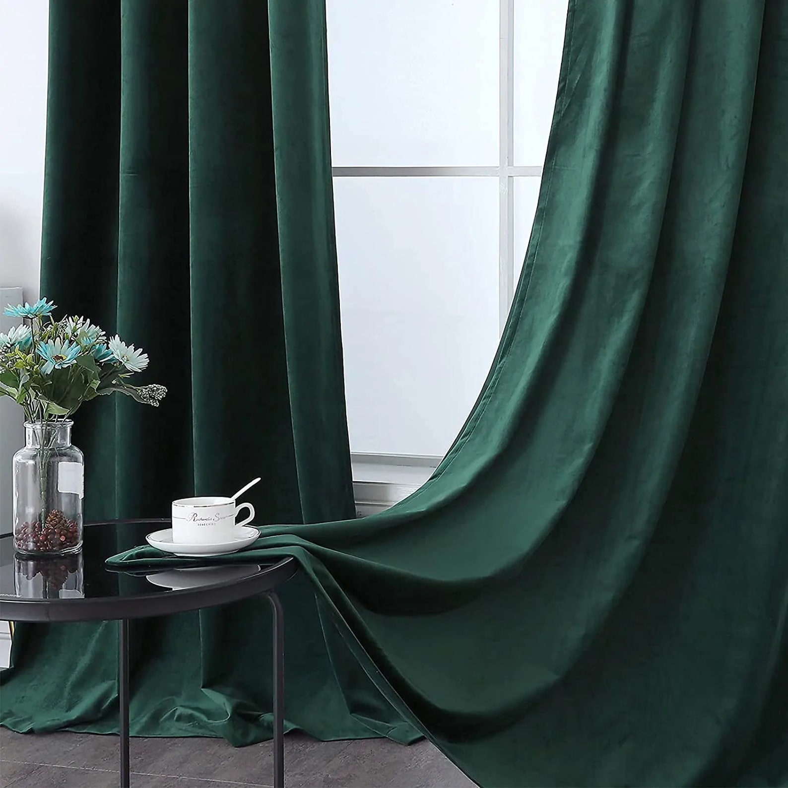 Forest Green Grommet Sheen Velvet Curtain Panel 2PC, Luxury Heavy Thick ...