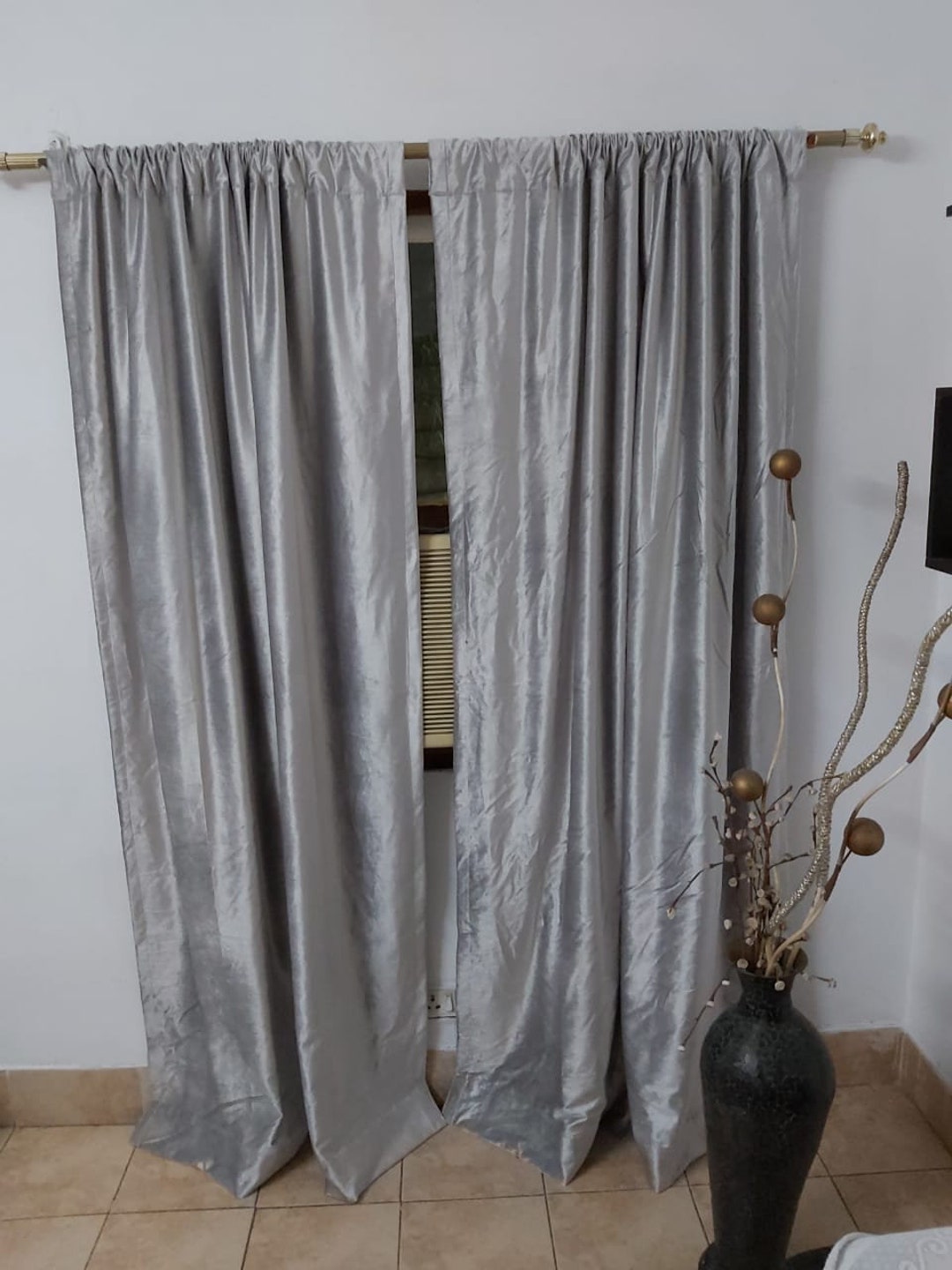 Pair of SILVER GREY Sheen Velvet Curtains, Bedroom Velvet Curtains ...