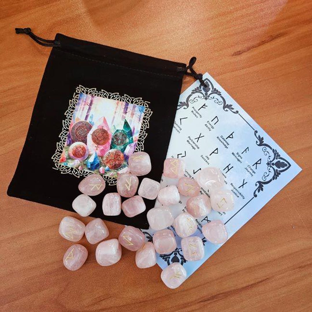 Rose Quartz Runes With Chart, Birthday Gift for Mom, Crystal Lover ...