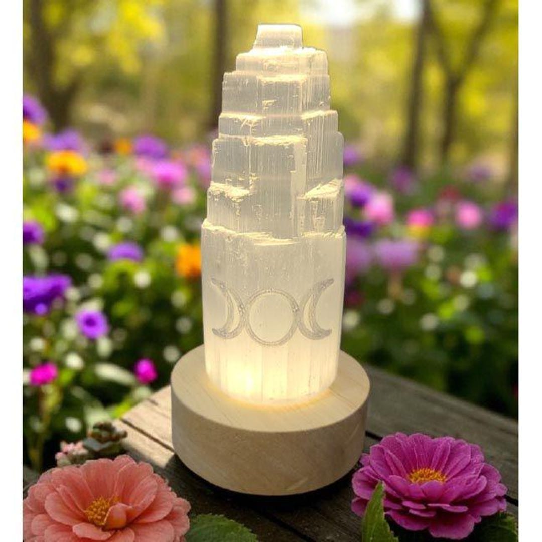 Selenite Tower Etched USB Triple Moon Tree of Life Light Bedside Lamp ...