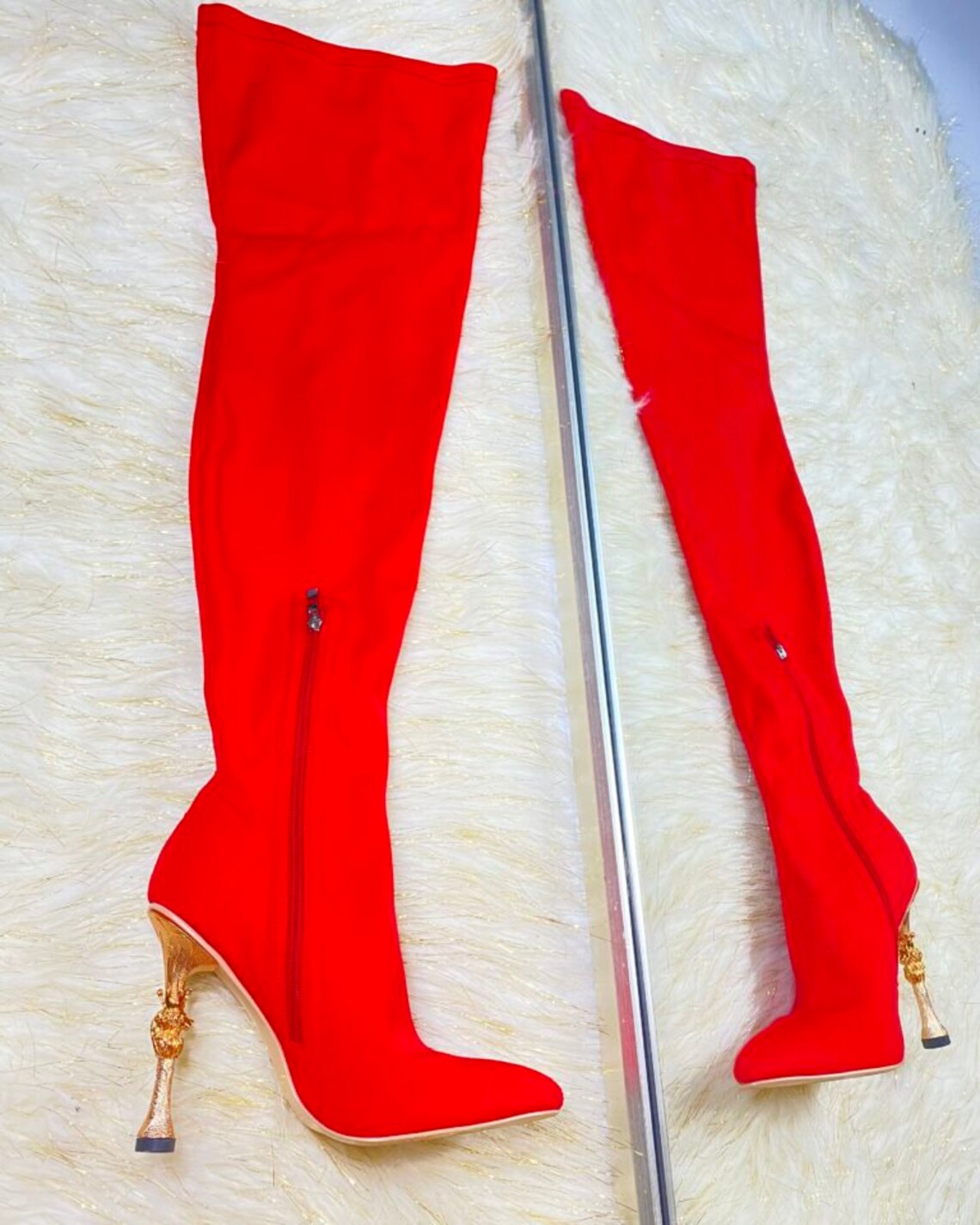 Red Stretchy Stiletto Boot With Gold Lion Designs Thigh High | Etsy