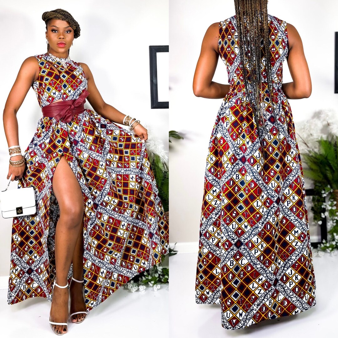 White and Burgundy African Print Maxi Dress for Weddings, Proms ...