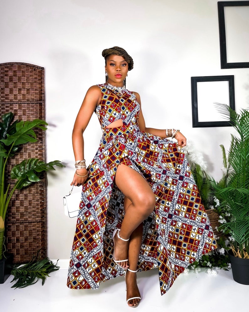 White and Burgundy African Print Maxi Dress for Weddings - Etsy