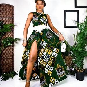 Green and White African Print Maxi Dress for Weddings, Proms & Special ...
