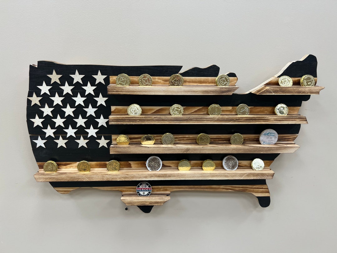 Subdued American USA Flag Challenge Coin Display, Wooden Flag, Military ...