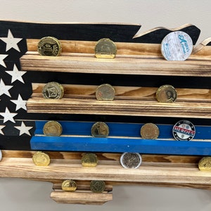 Thin Blue Line Challenge Coin Display, Wooden Flag, Military Challenge ...