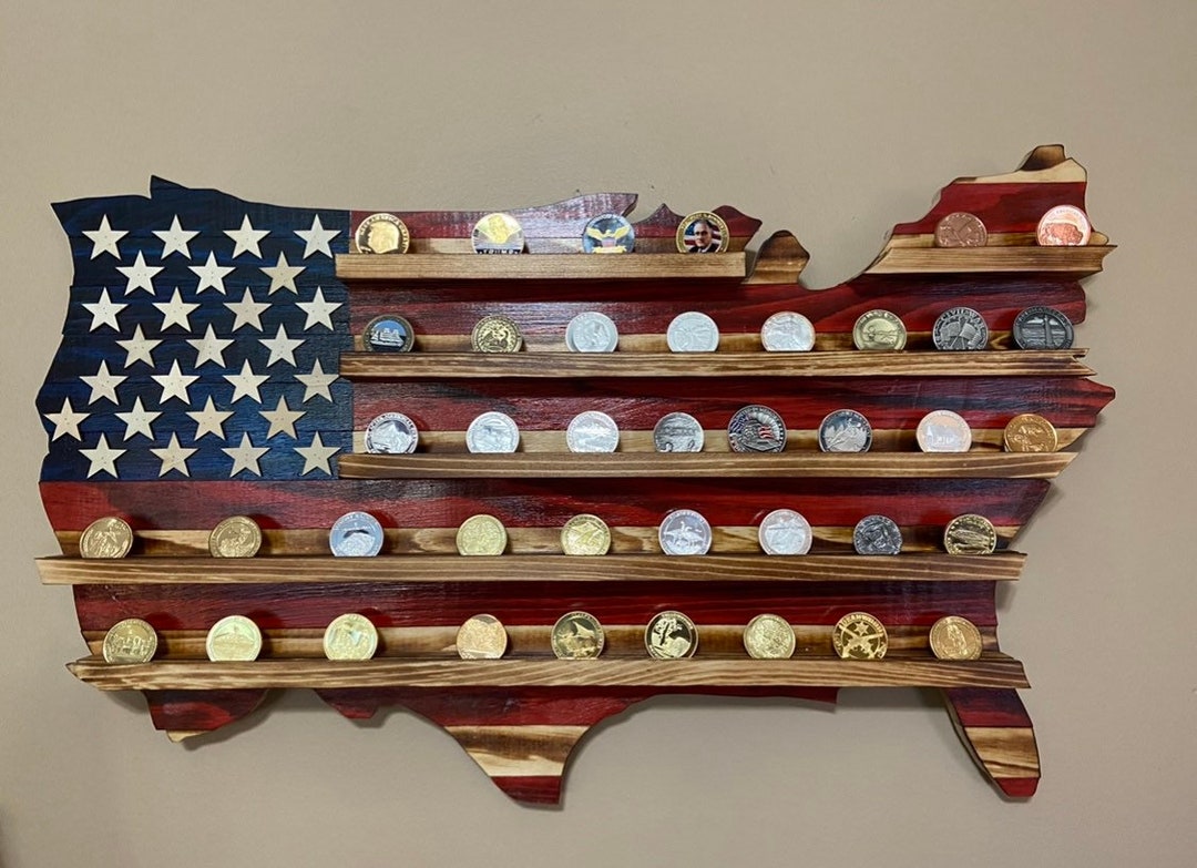 Rustic American Usaflag Challenge Coin Display, Wooden Flag, Military ...
