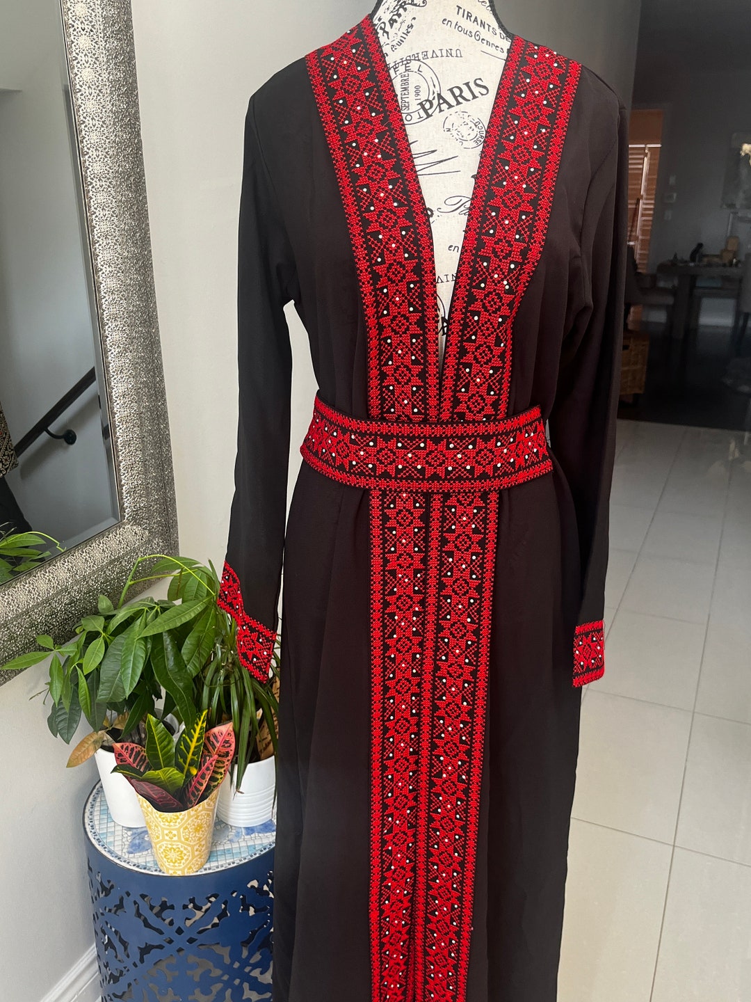 Palestine Open Abaya Dress Embroidered Tatreez Traditional Black & Red ...