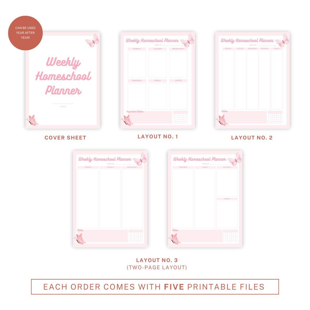 Homeschool Digital Weekly Planner Sheets pink With Butterflies PRINT AT ...