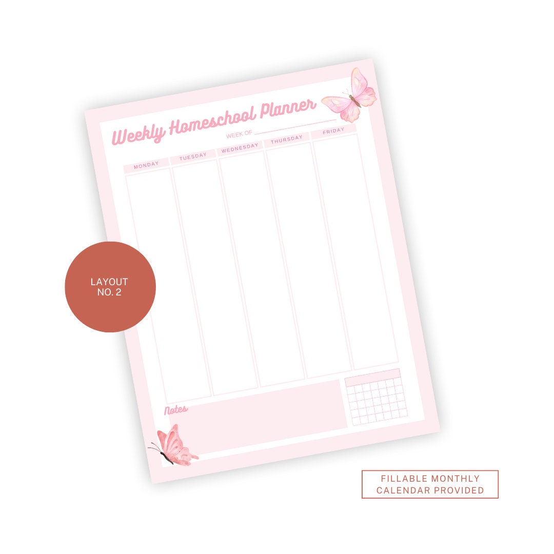 Homeschool Digital Weekly Planner Sheets pink With Butterflies PRINT AT ...