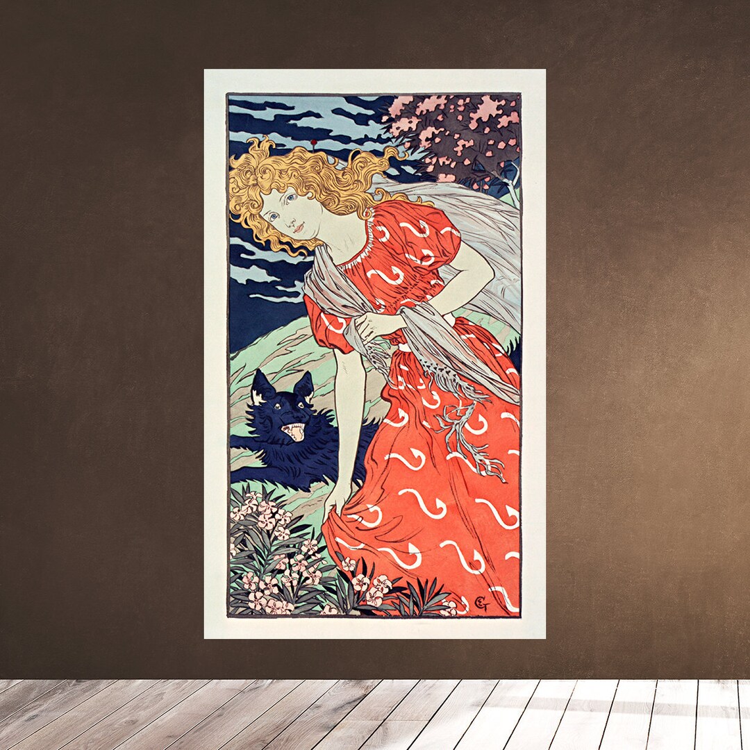 DANGER Eugene Grasset 1897 - Blonde Girl and Black Dog - Decorative ...
