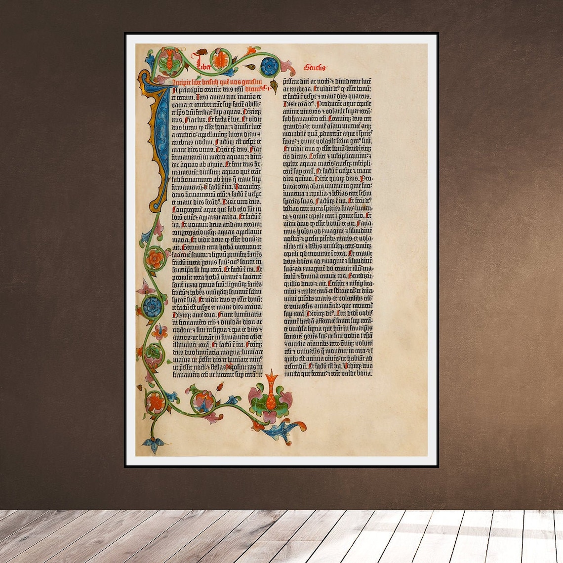 Gutenberg BIBLE Leaf Page Illuminated Flowers Medieval 1455 First Book ...
