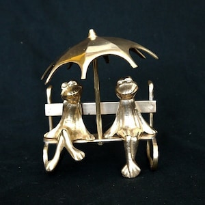 Vintage Brass Figurine Frogs Sitting on a Bench Under an Umbrella Brass ...
