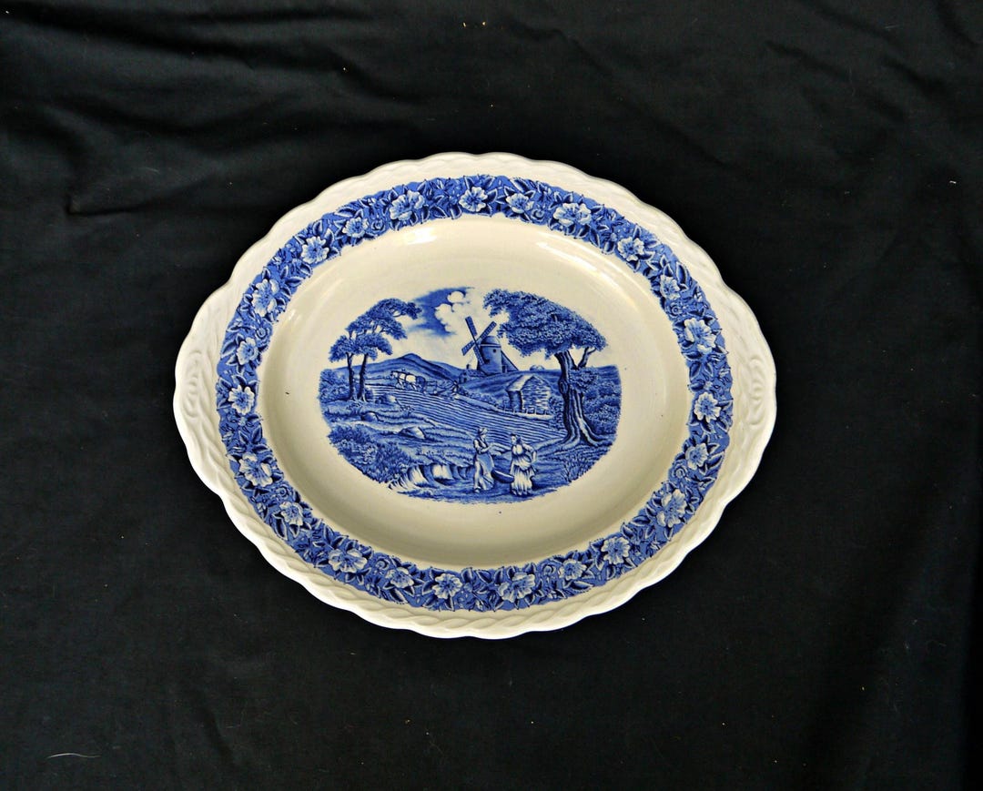 Vintage W.H. Grindley Staffordshire Oval Serving Plate: Blue Windmill ...