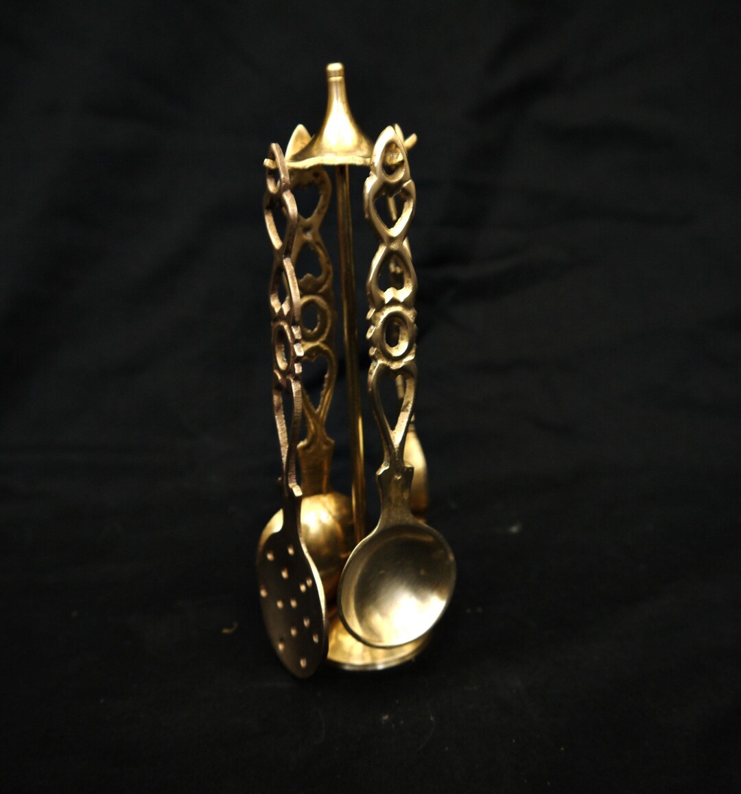 Vintage Small Set Brass Kitchen Utensils Serving Spoon Fork Slotted ...