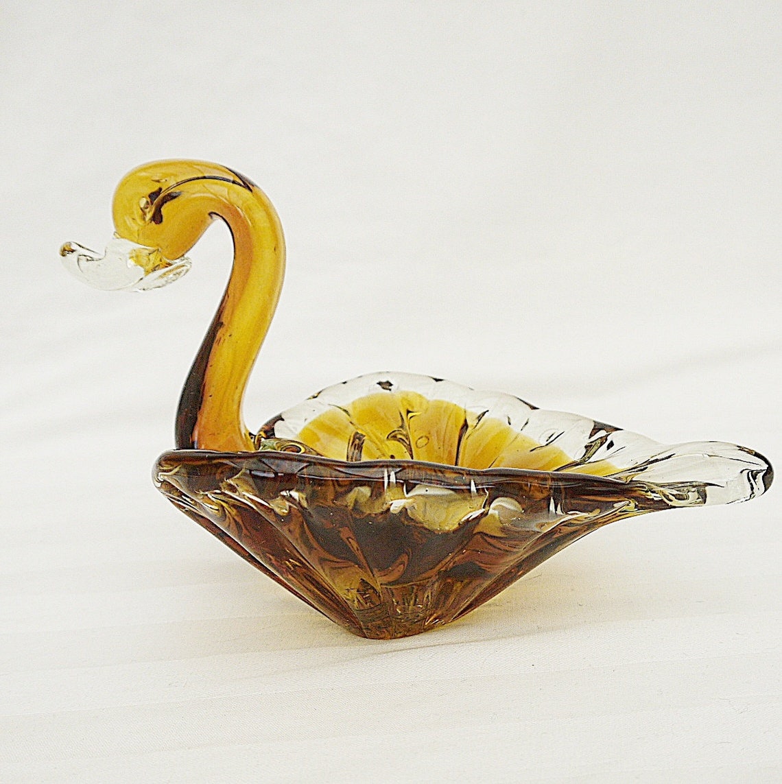 Hand blown glass swan vintage hand blown glass dish swan amber | Etsy