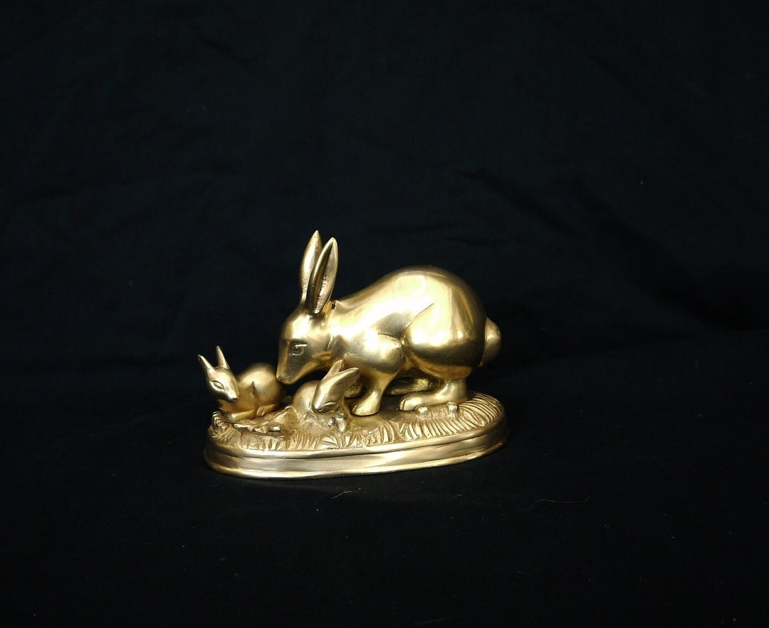 Large Brass Figurine Hare Family Vintage Solid Brass Statue Animal ...