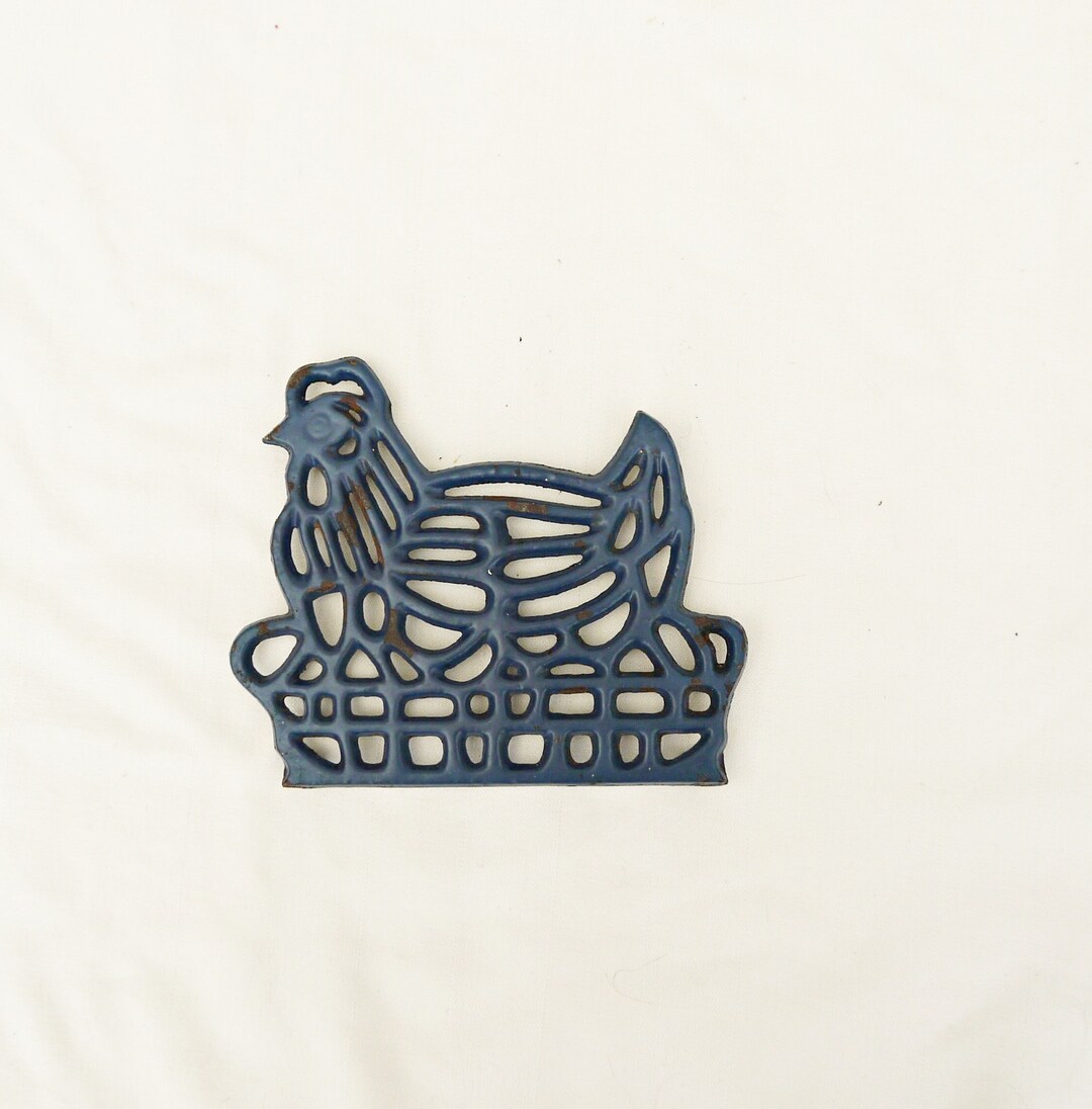 Vintage Cast Iron Trivet Shaped Hen Navy Blue Solid Metal Base Stand to ...