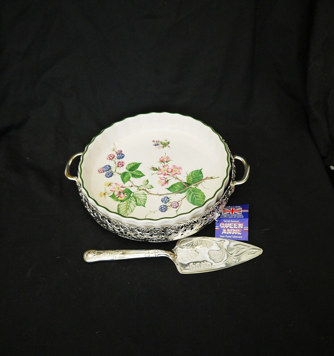 Silver Plate Holder Flan Dish and Spatula Vintage Ceramic Oven Fan Dish ...