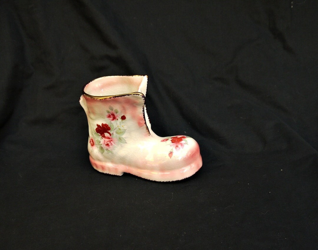 Vintage Mayfayre Staffordshire Pottery Boot Planter: Pink Roses, Golden ...