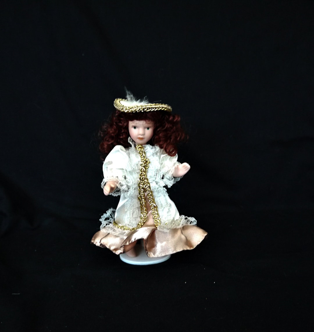 Vintage Small Porcelain Doll With Stand Porcelain Doll Satin Beige and ...