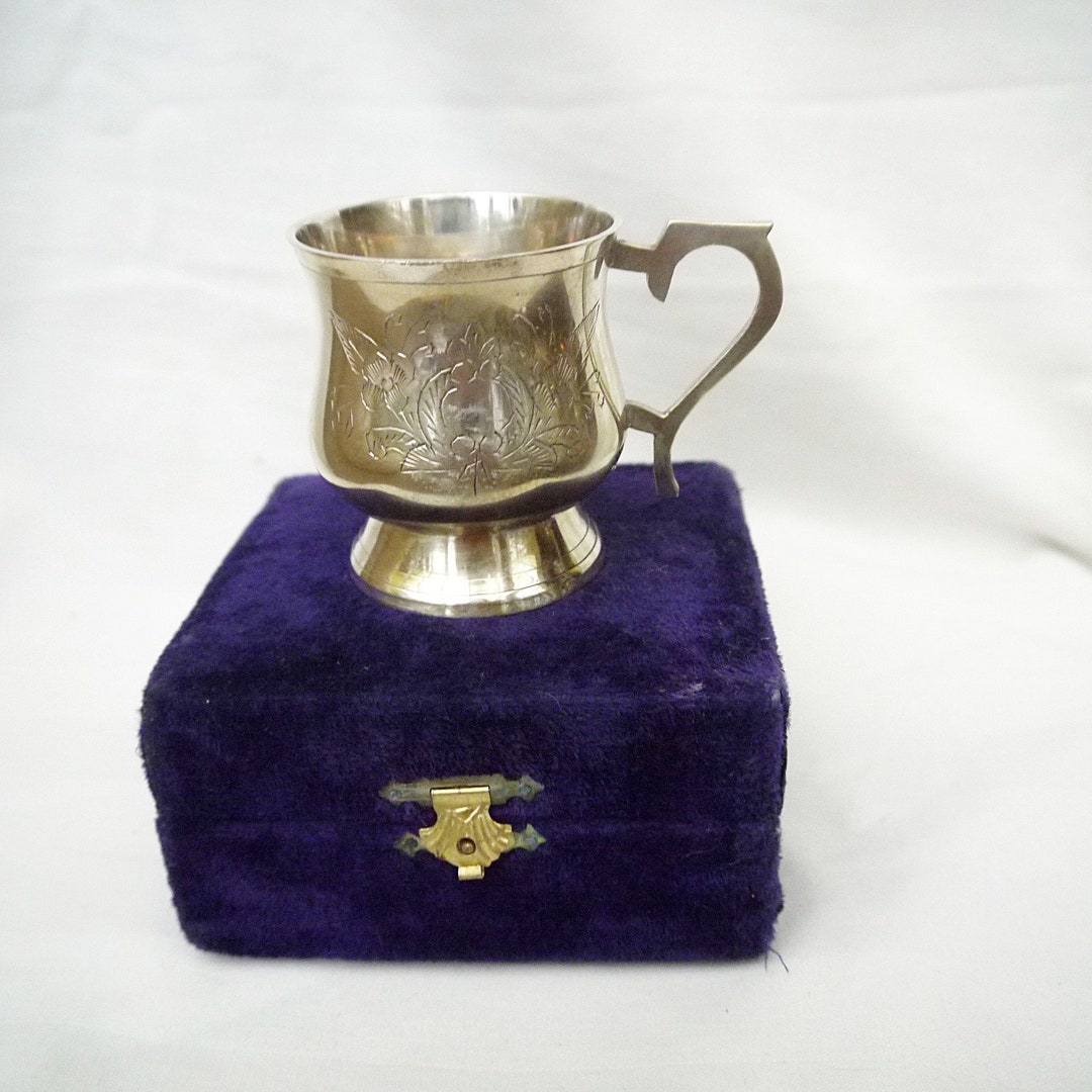 Vintage Silver Plate Tankard With Velvet Box Small Silver Mug Etched ...