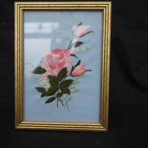 Hand Embroidered Picture of Flower Rose Framed Vintage Embroidered ...