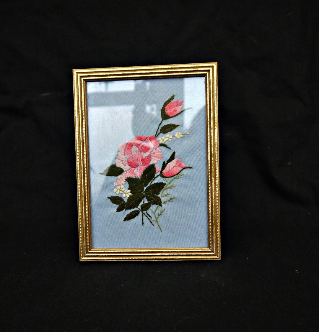 Hand Embroidered Picture of Flower Rose Framed Vintage Embroidered ...