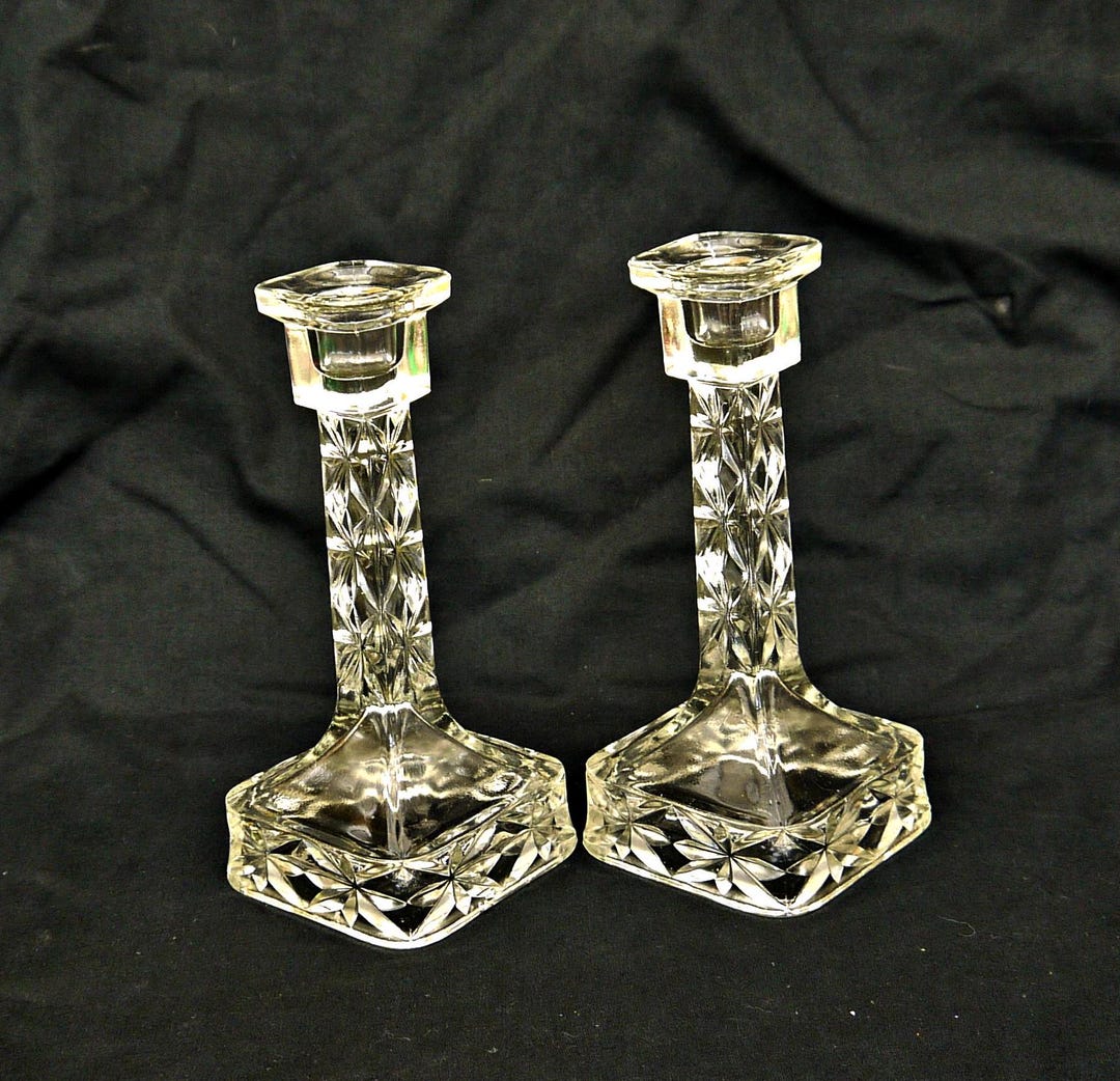 Vintage Cut Crystal Candle Holders: Tall Pressed Glass Candlestick Pair ...