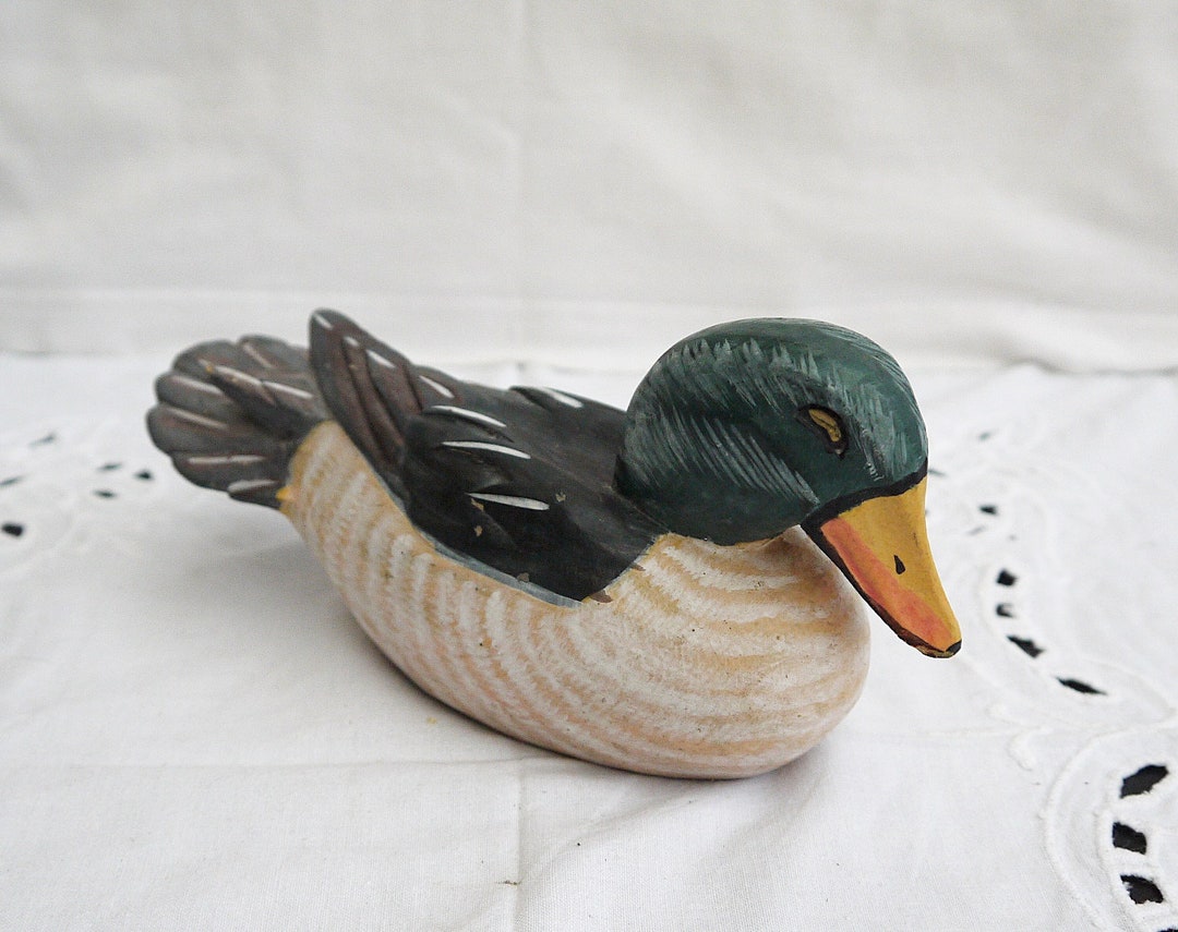 Vintage Hand Carved Wood Duck Statue Wooden Duck Hand Painted Wooden ...