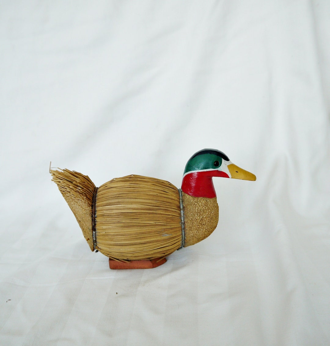 Carved Wooden and Straw Duck Vintage Sculpture Bird Wood and Straw Hand ...