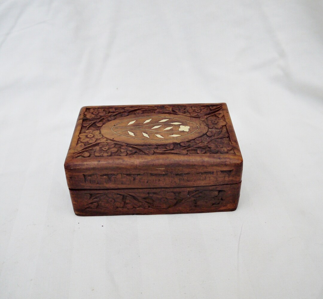 Hand Carved Wood Inlay Decorated Casket Vintage India Real Wood Jewelry ...