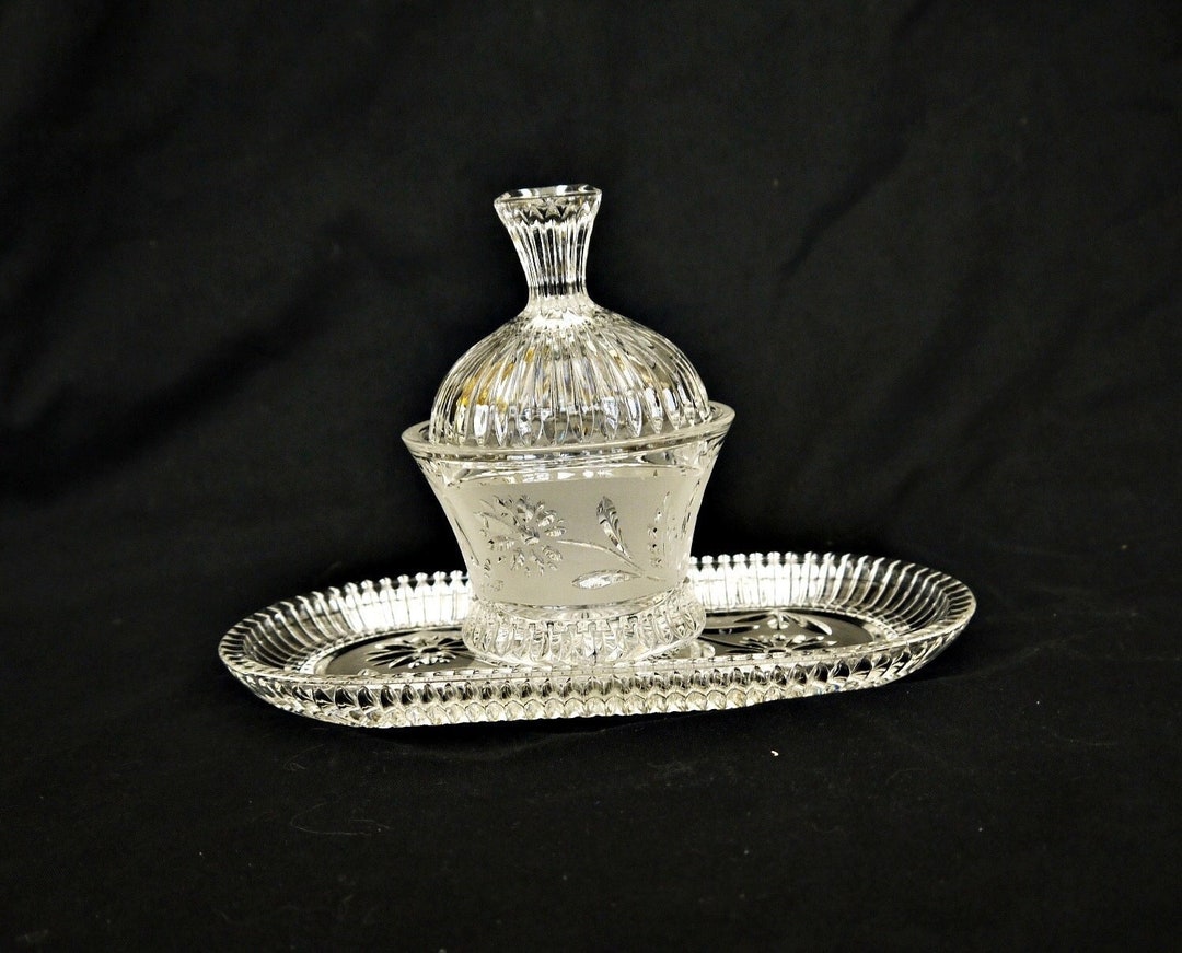 Cut Crystal Sugar Bowl With Dish Glass Sugar Bowl Vintage Engraved ...