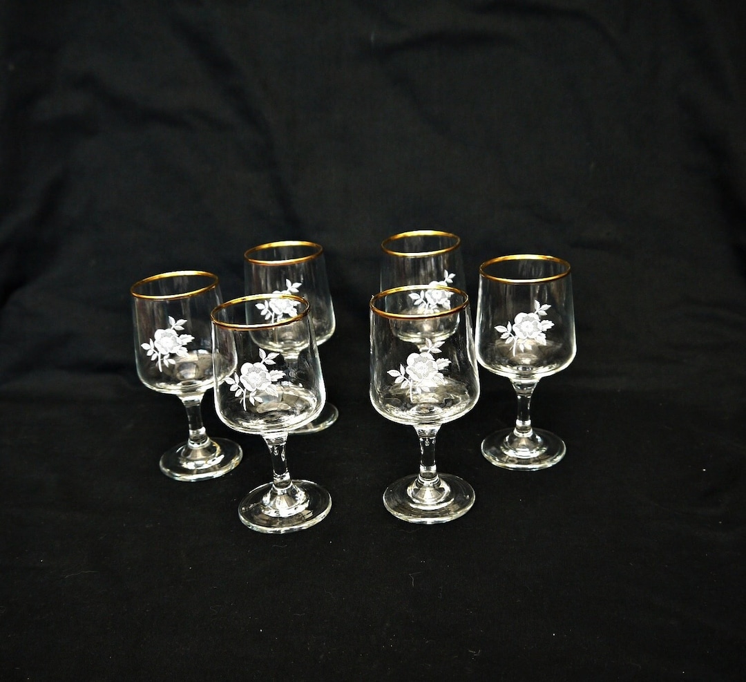 Vintage Dema Wine Glasses Set: Floral Pattern, Golden Rim, Original Box ...