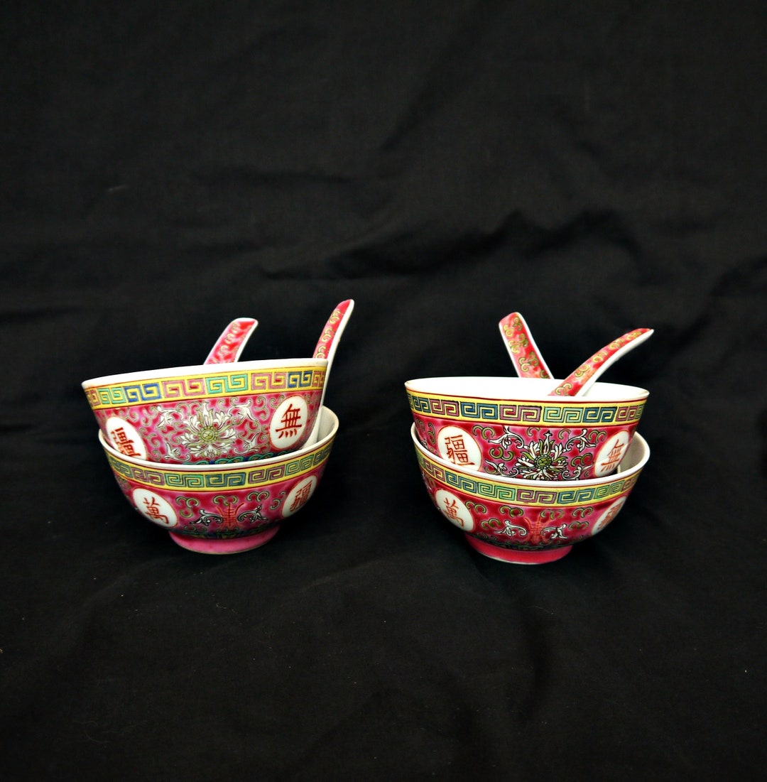 Vintage Chinese Rice Bowl With Spoon Familly Rose Bowl Bone China Set ...