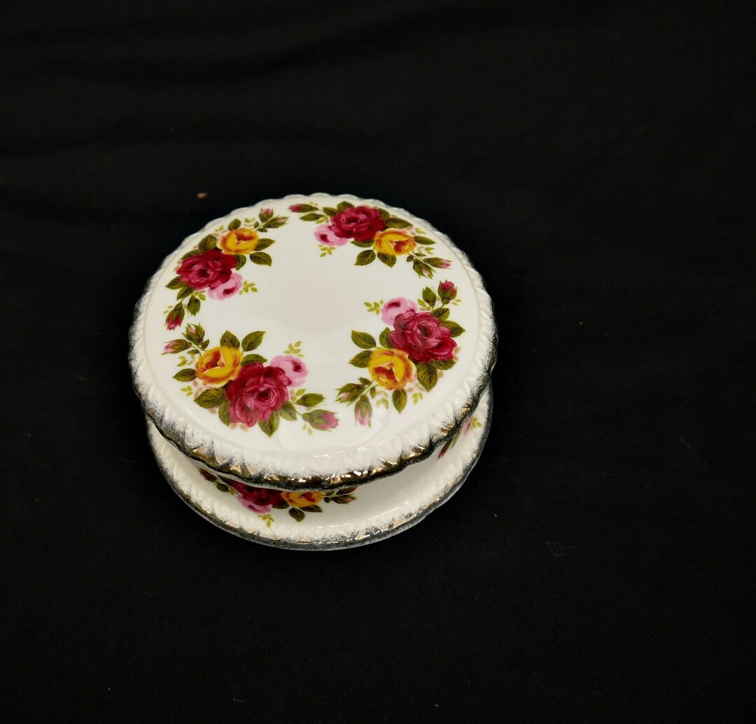 Cottage Rose Bone China Trinket Box or Jewellery Box Ornate Flowers ...