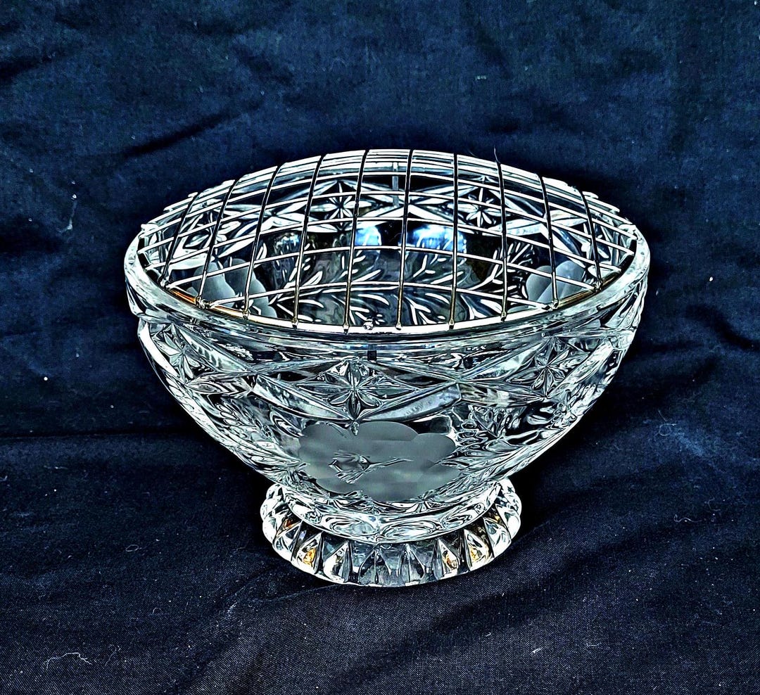 Vintage Cut Crystal Rose Bowl and Frosted Flowers Plinth Large Rose ...