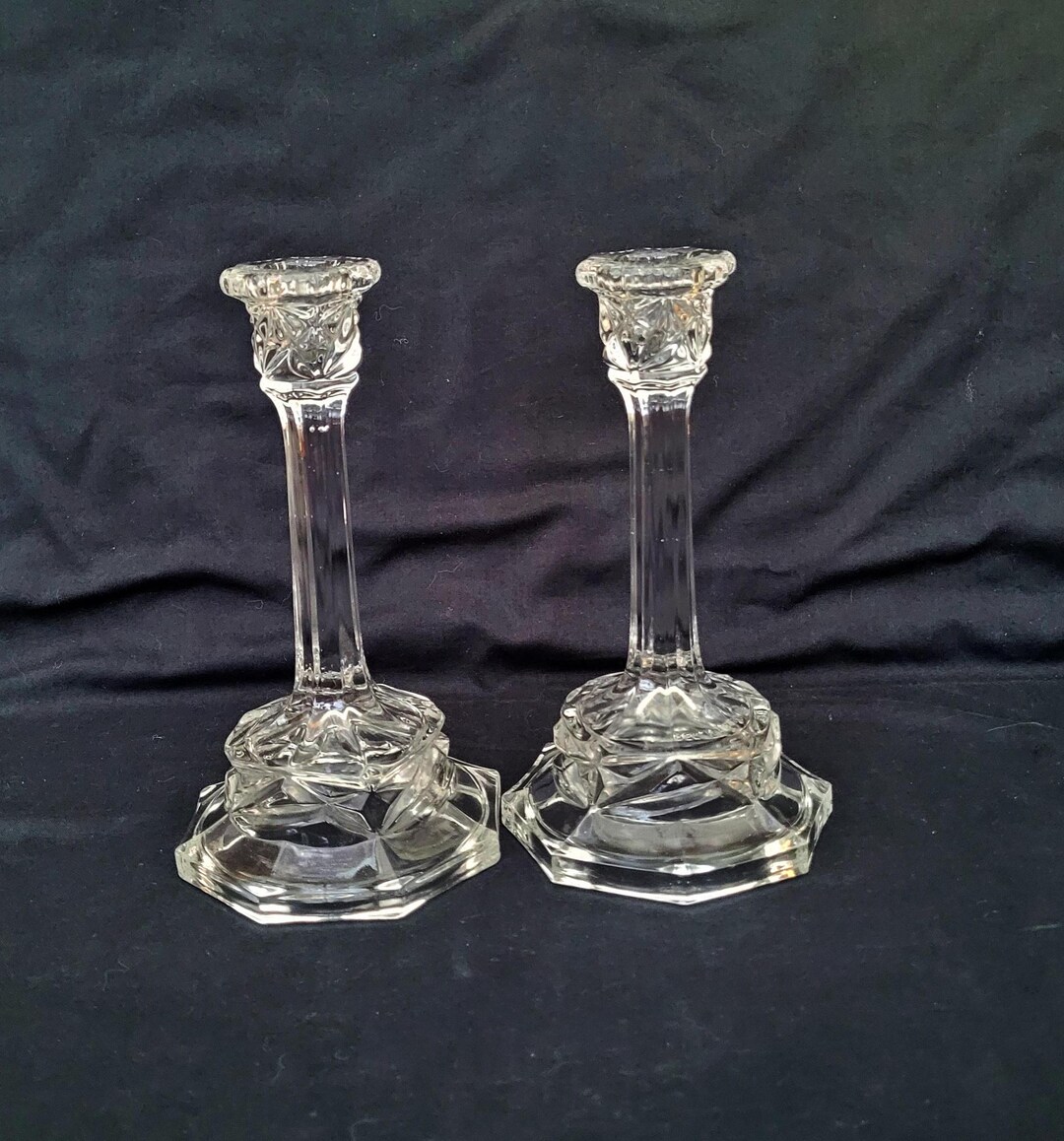 Vintage Cut Crystal Candle Holders: Tall Octagon Pressed Glass ...