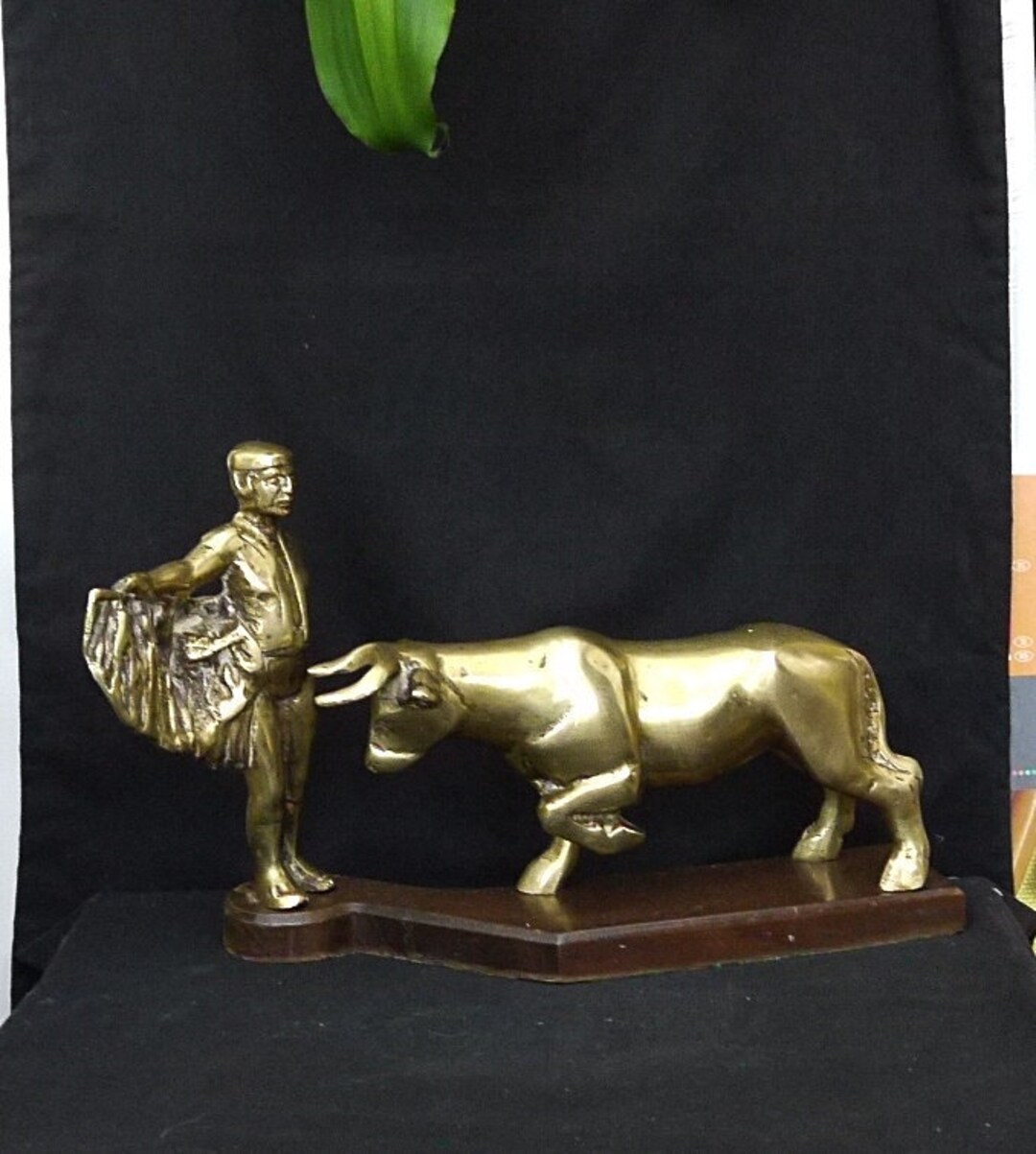 Antique Huge 4.3 Kg Bull and Matador Statue on Solid Wood Basis ...