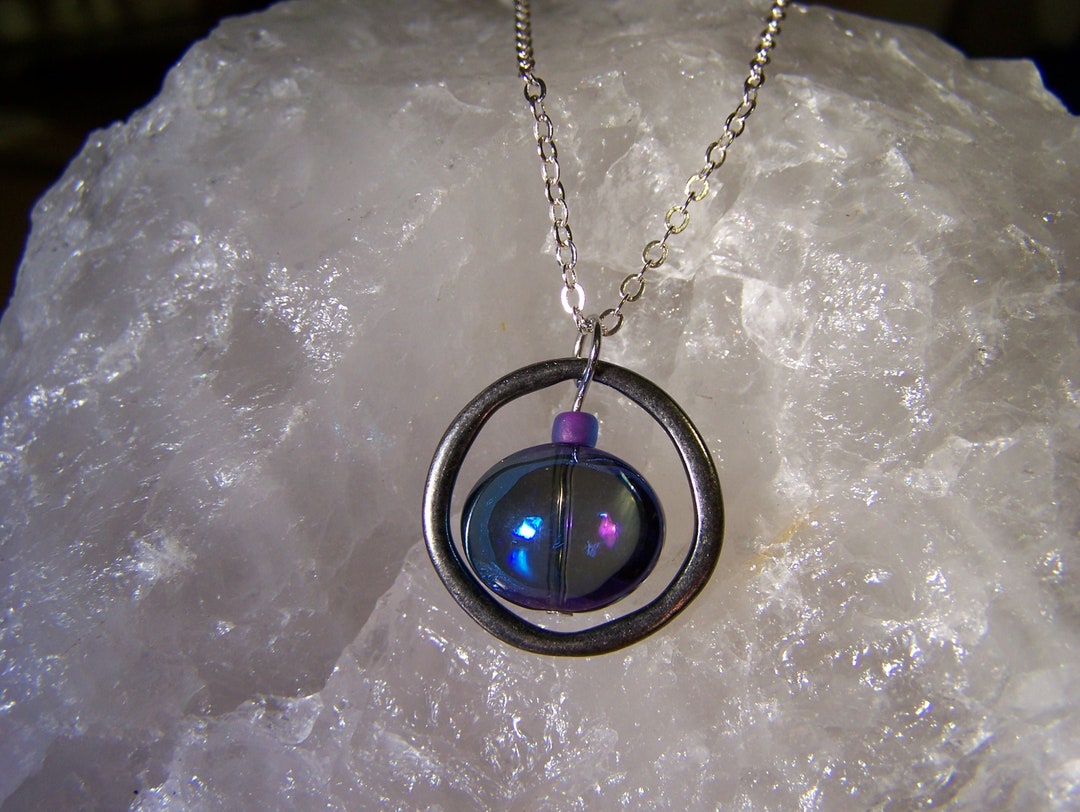 Iridescent Blue Glass Circle Pendant | Glass Sphere | Fidget Necklace ...