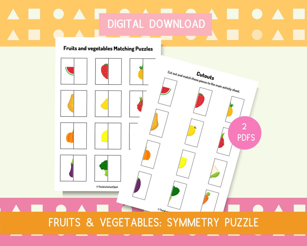 Symmetry Puzzle-fruits & Vegetables-digital Download Cut Paste Pattern ...