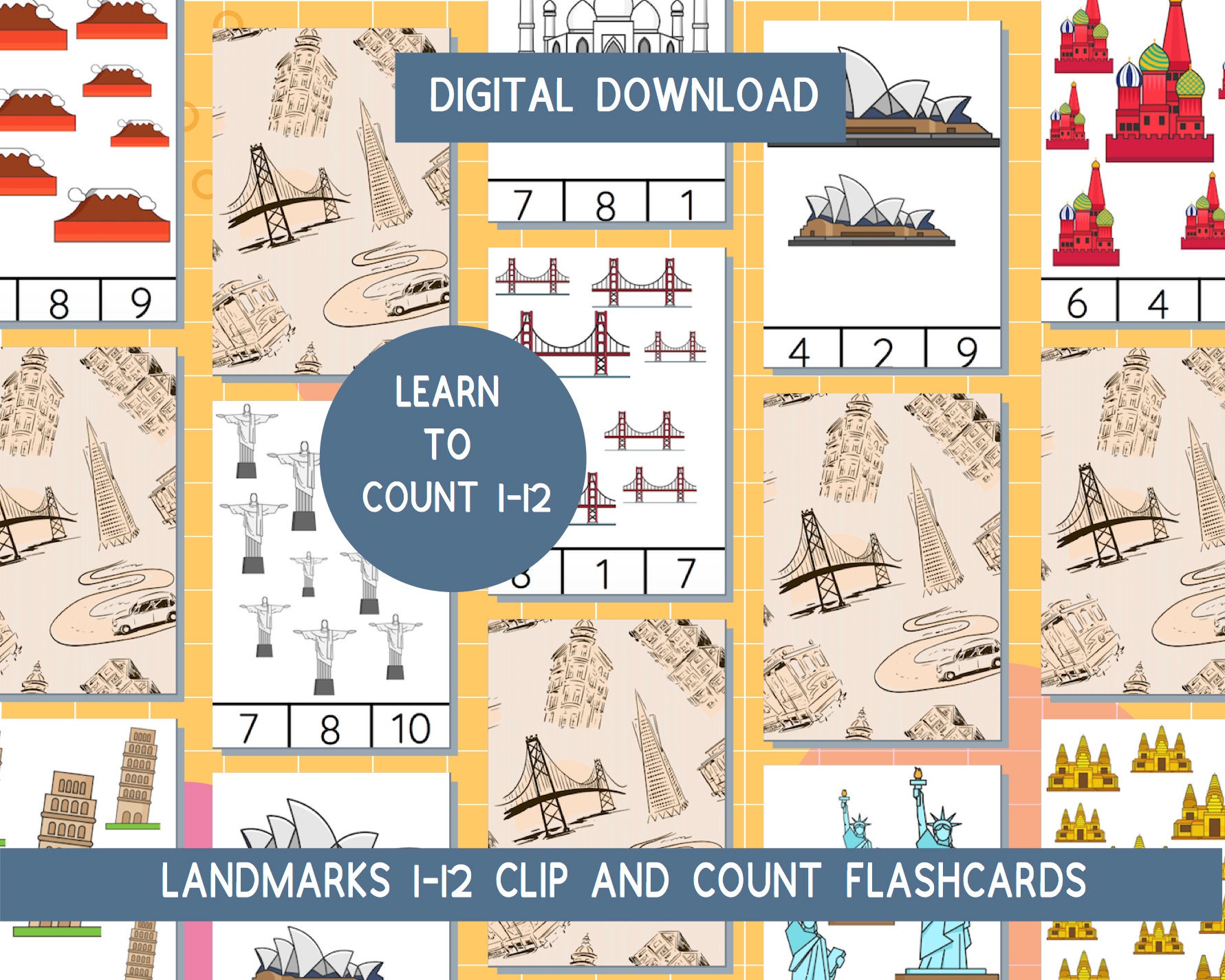 Count to 12 Numbers Flashcard -landmarks- Digital Download Counting ...