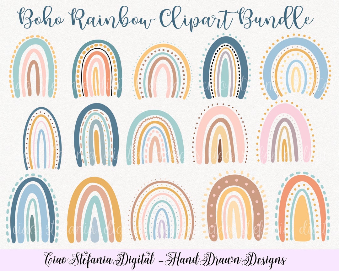 Boho Rainbow Clipart, Modern Rainbow Illustration, Clip Art Bundle ...