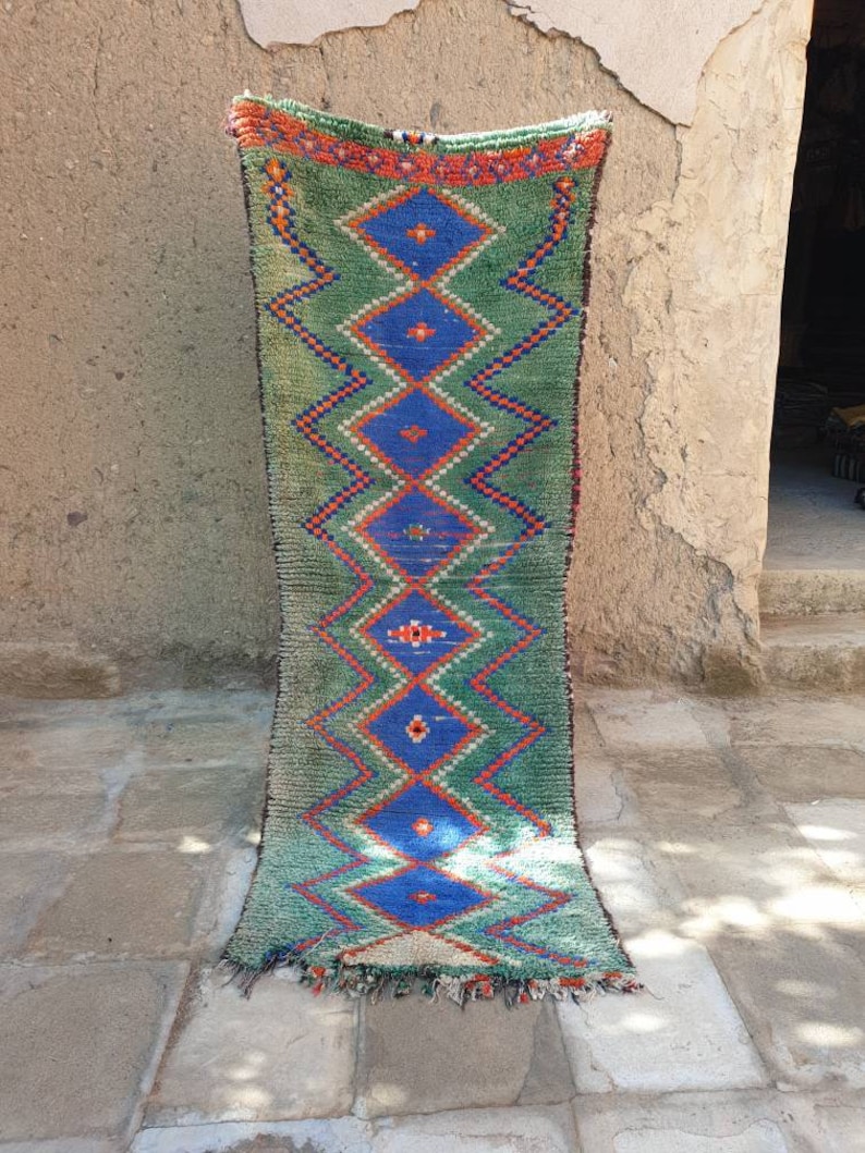 Blue Vintage Moroccan Runner Rug, Narrow Authentic Boujaad Runner ...