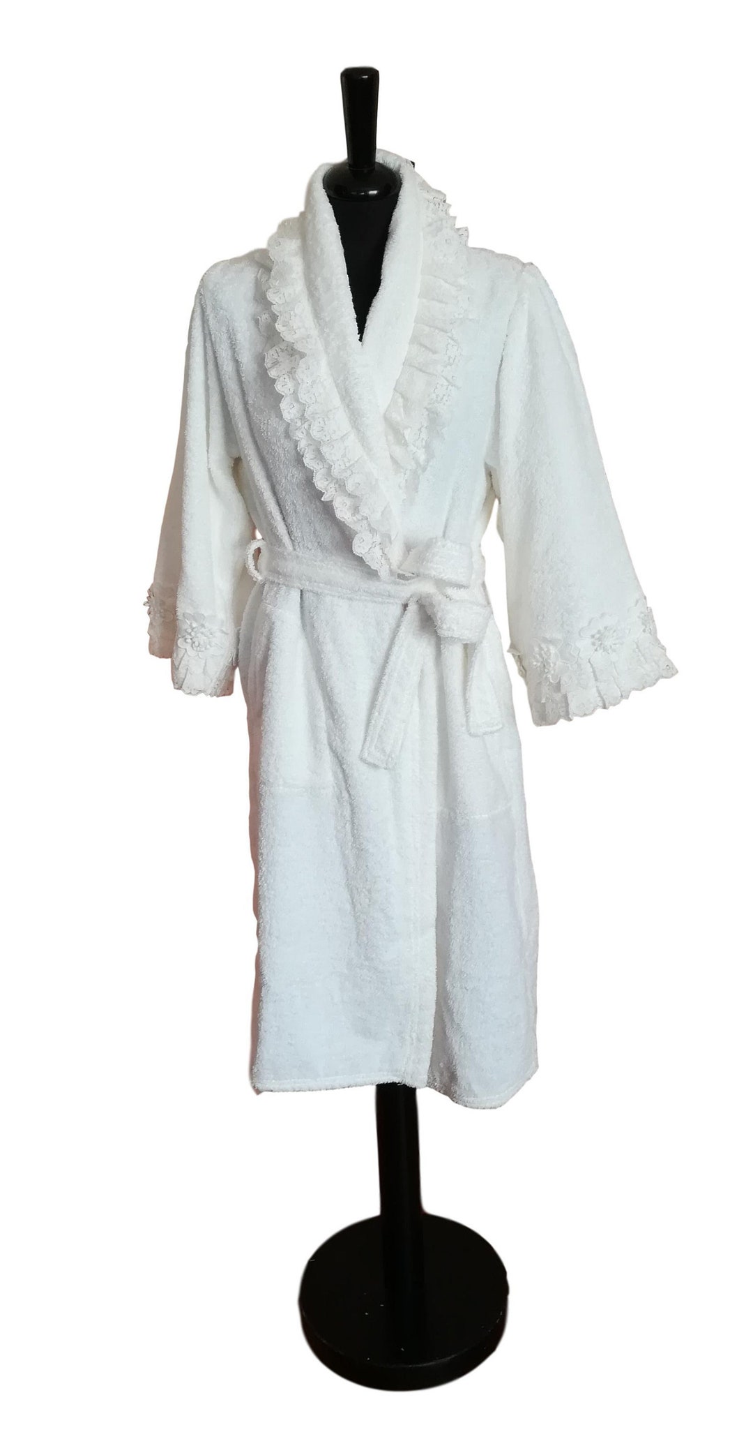Terry Bathrobe Woman, White Bathrobe With Valencienne Lace, Luxury ...