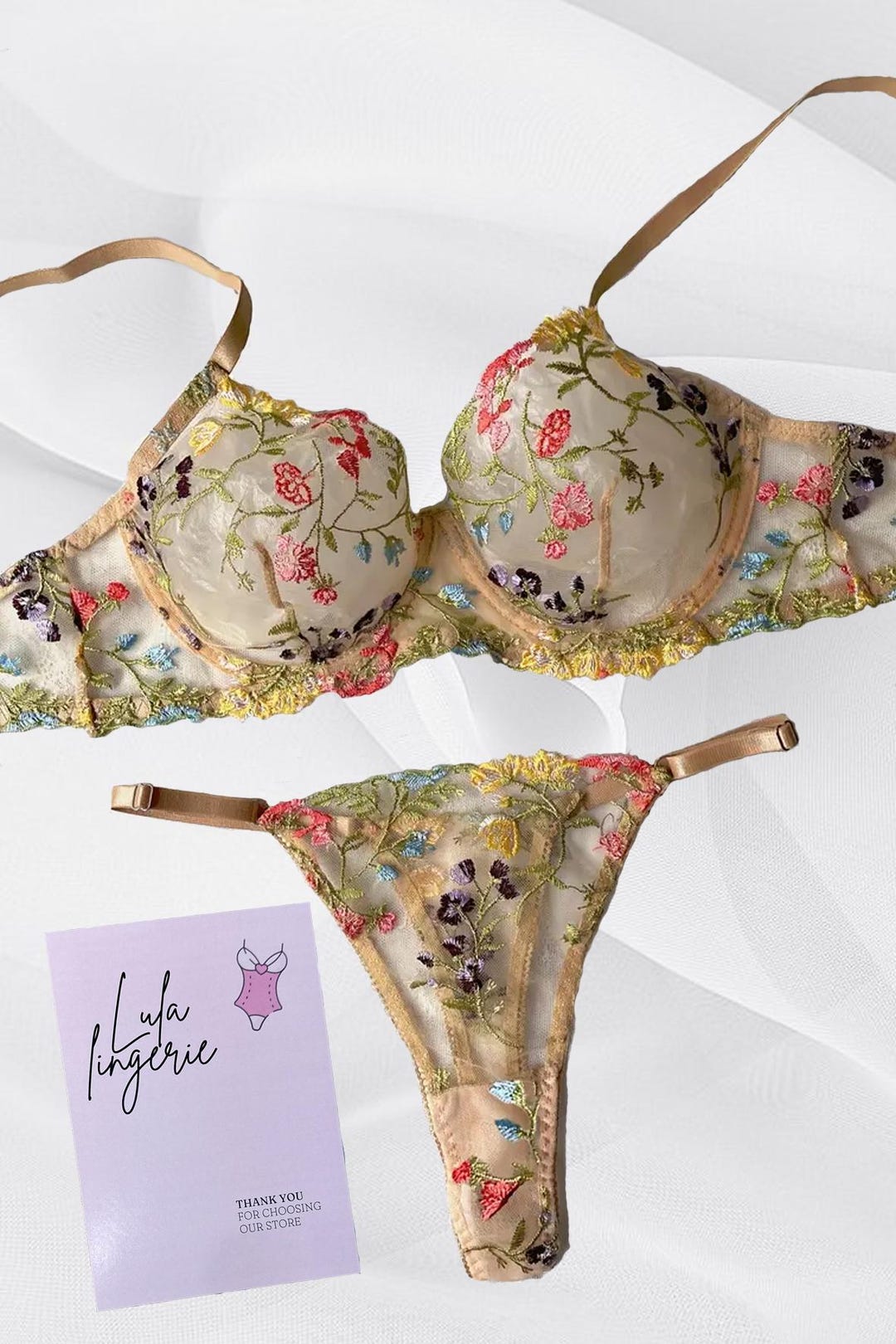 Embroidered Lingerie Set With Floral Lace, Intimate Bra and Thong ...