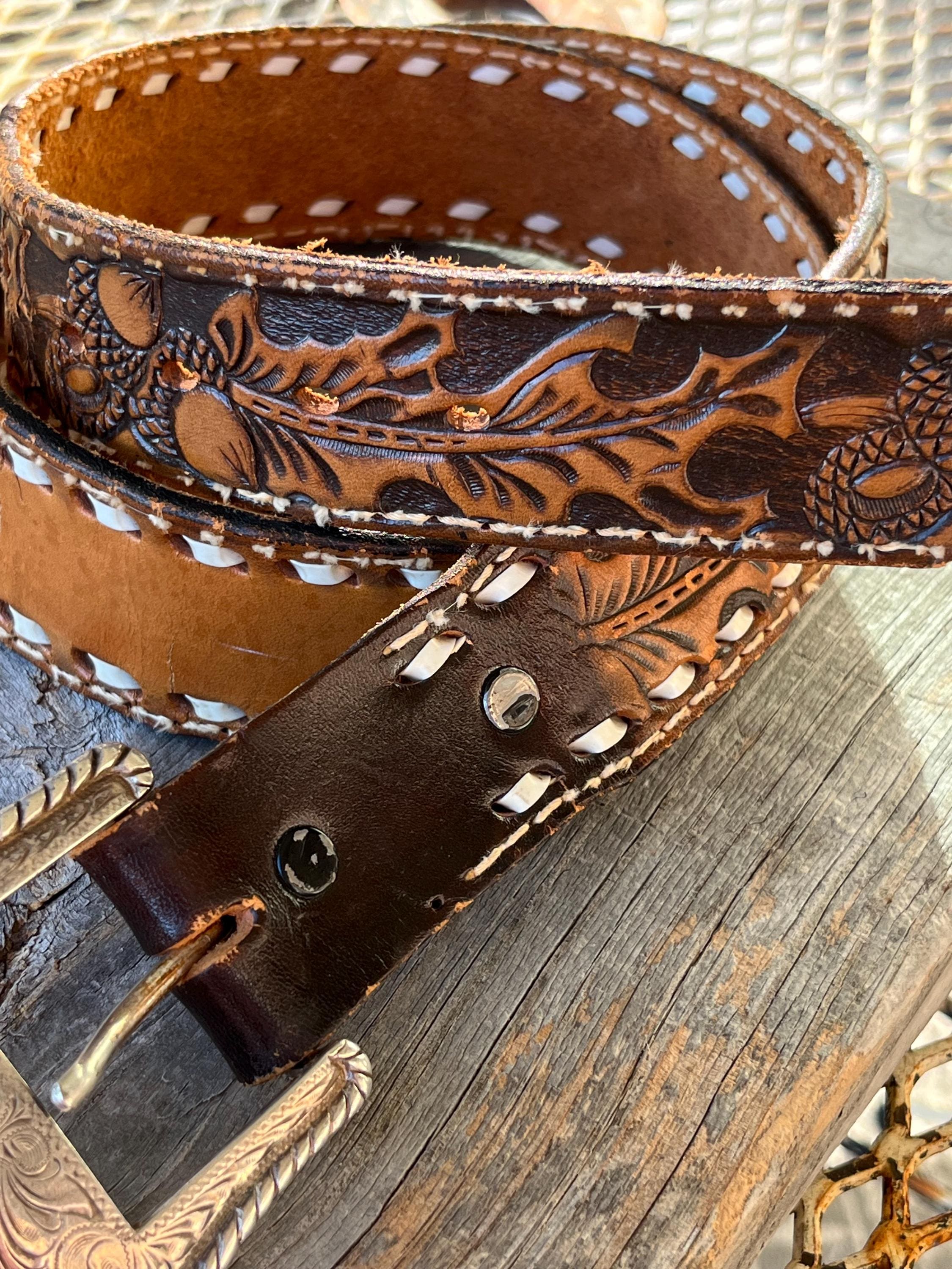 Vintage Leather Tooled Belt - Western Belt - Acorns - Oak Leaves - Made ...