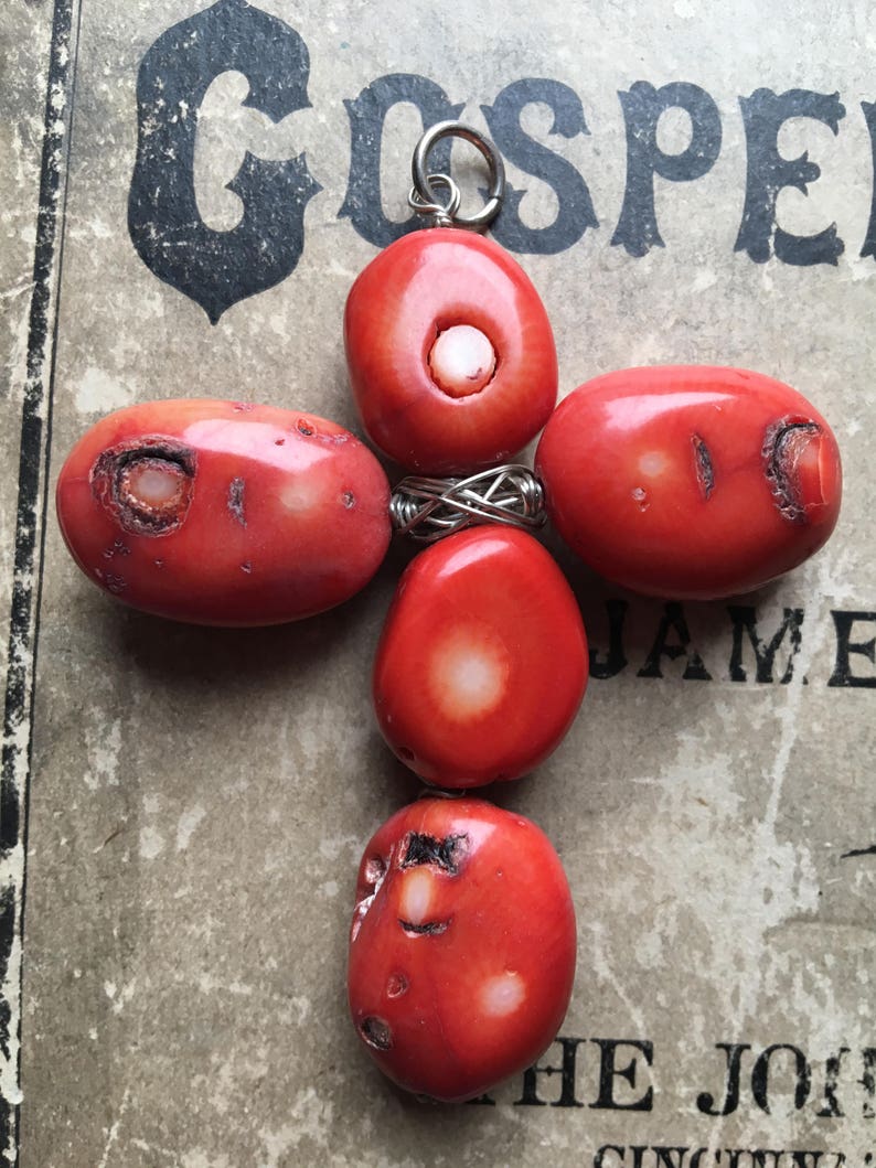 Large Red Coral Wire Wrapped Cross Pendant Sterling Silver Wire and ...