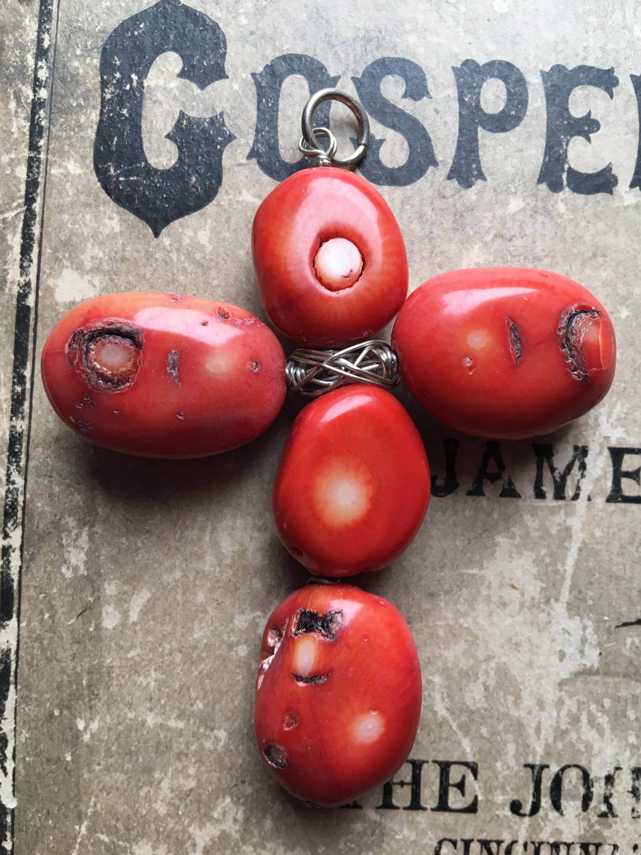 Large Red Coral Wire Wrapped Cross Pendant Sterling Silver Wire and ...